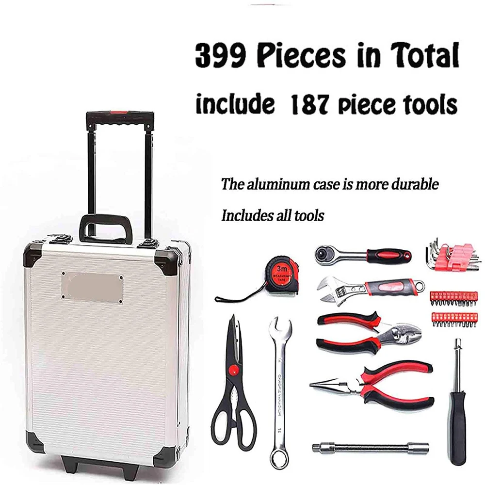 399pcs Alumínio Trolley Case Tool Set Prata Household Hand Tool Set com ...