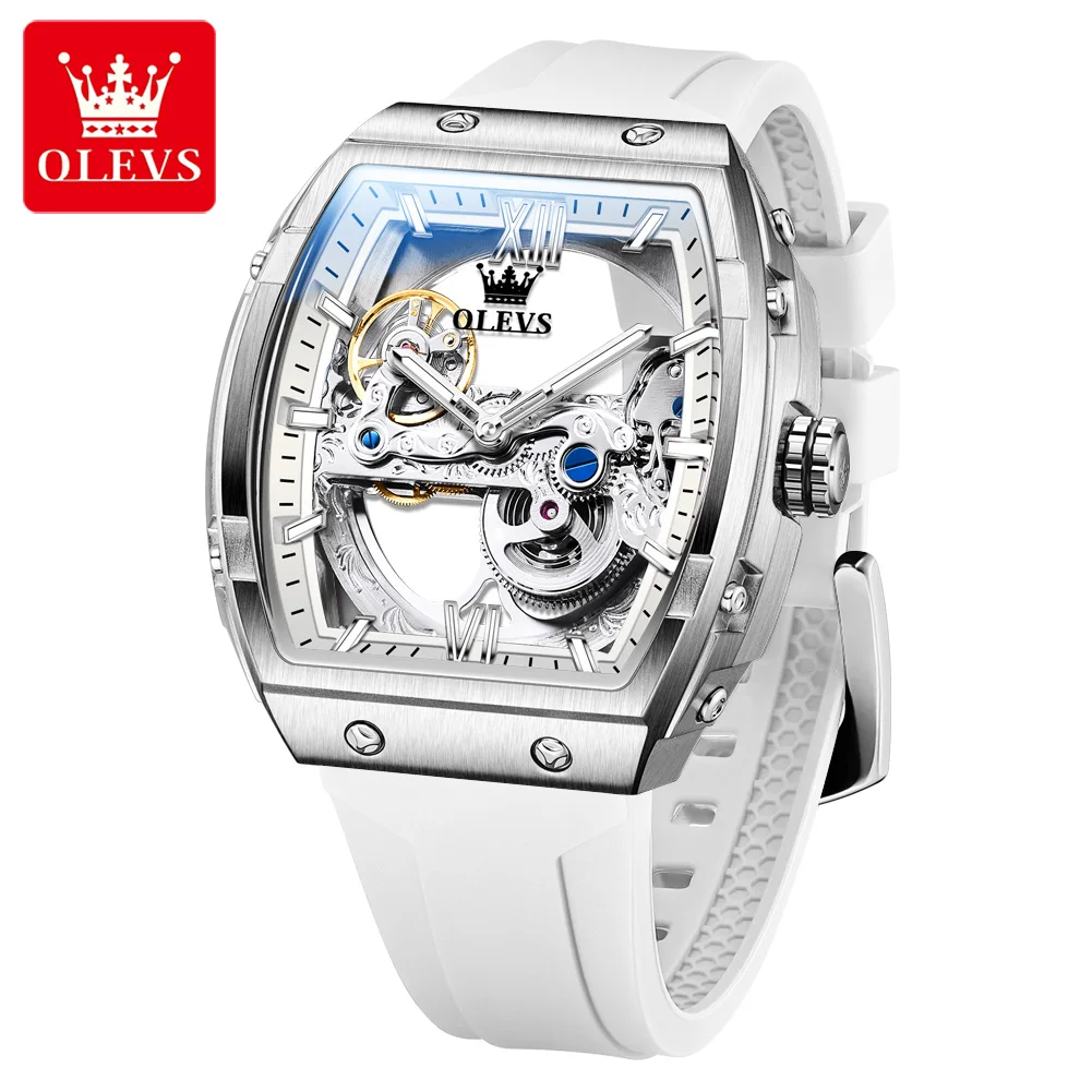OLEVS Automatic Men Watch White Rubber Strap Mechanical Tourbillon ...