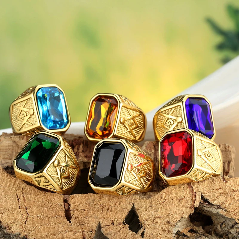 Punk Charm Blue Green Black Red Stone Rings for Men Women Retro Masonic ...
