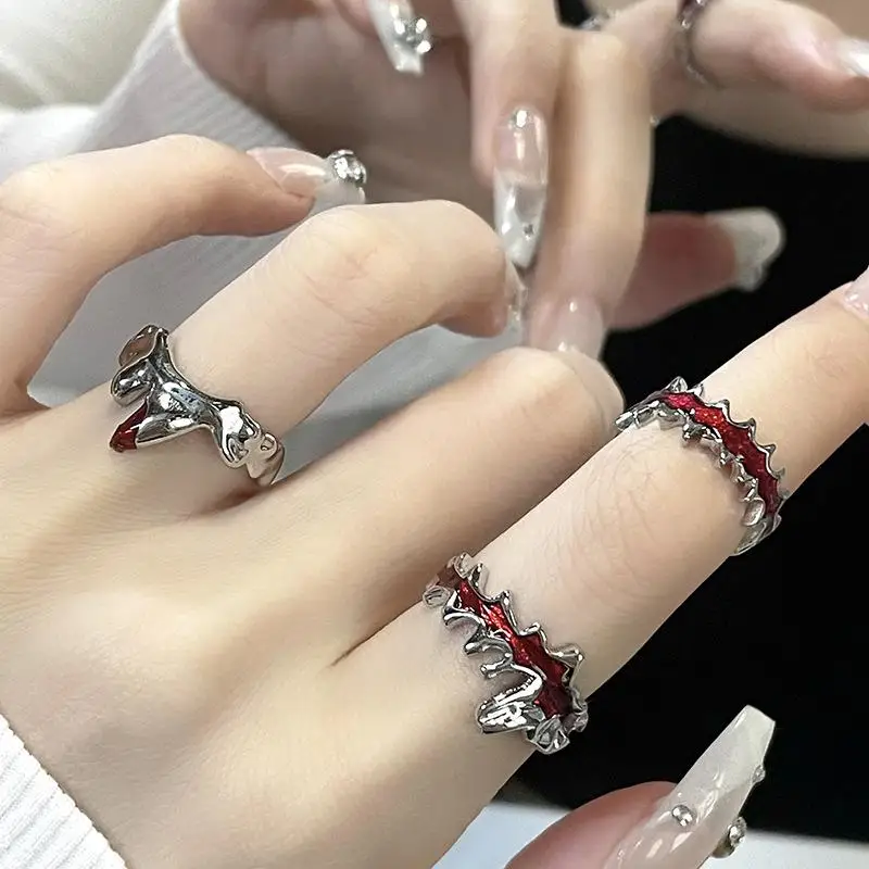 Gothic-Punk-Y2K-Red-Flame-Ring-Vintage-Aesthetic-Geometric-Irregular ...
