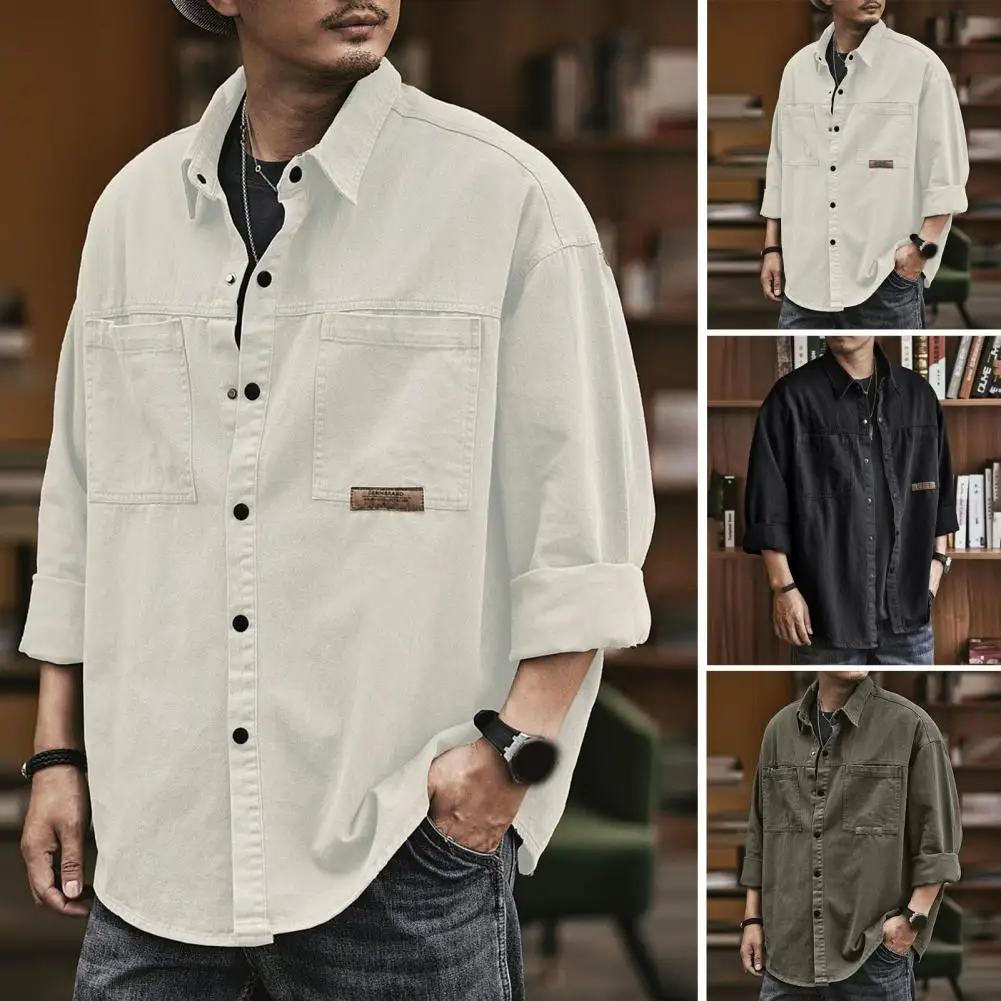 Men-Spring-Fall-Shirt-Turn-down-Collar-Loose-Single-breasted-Long ...