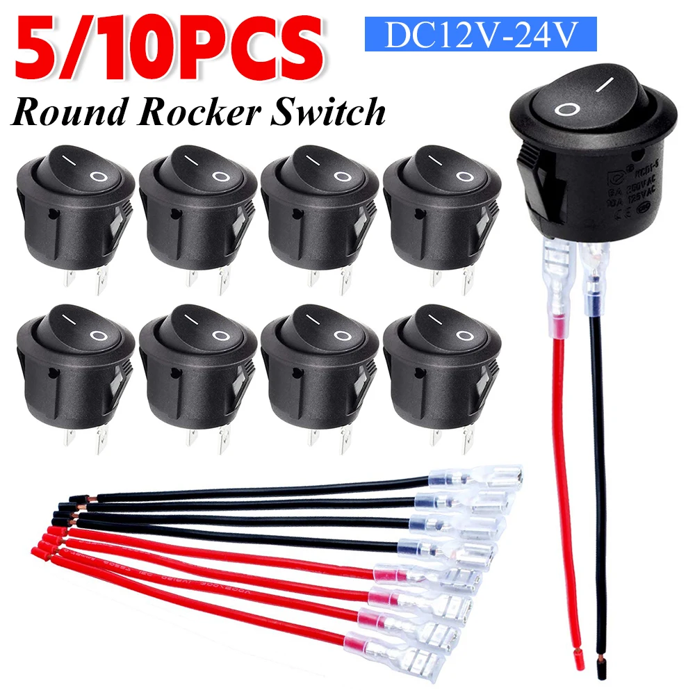 5/10PCS ON/Off Round Rocker Switches SPST 20mm Mini 12 Volt DC Mini ...