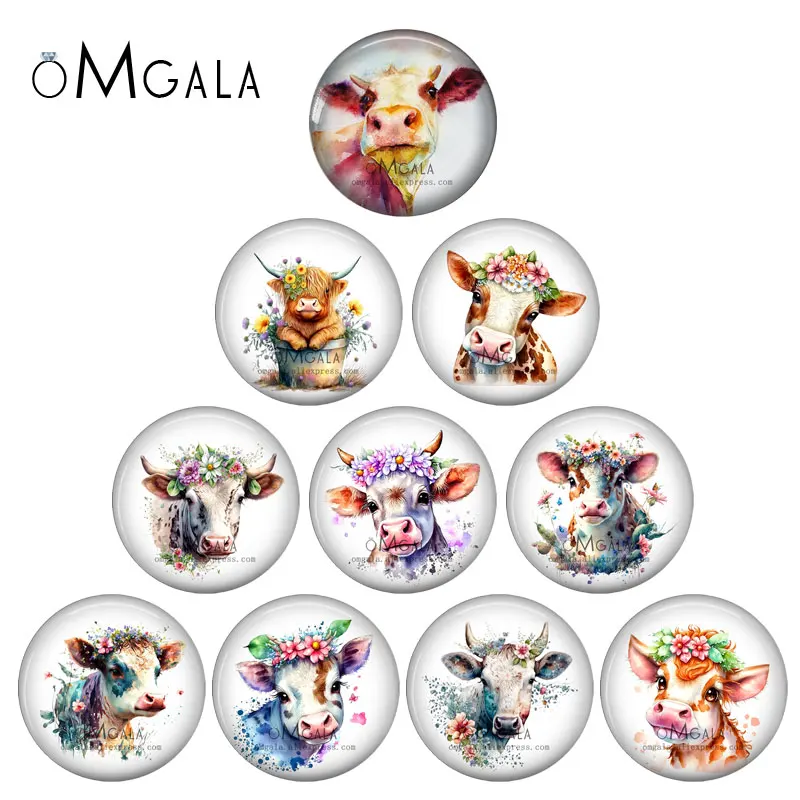 Watercolor Flower With Cattle Cow Art Paintings 12mm/14mm/20mm/25mm ...