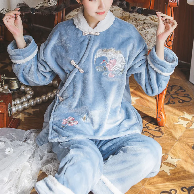 Chinese-Style-Coral-Fleece-Pajamas-Sets-Women-Winter-Embroidery ...