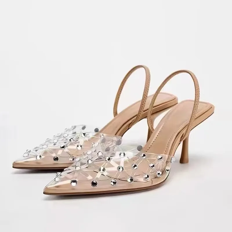 TRAF Woman Beige Transparent Diamond High Heels Sexy Pointed Toe ...