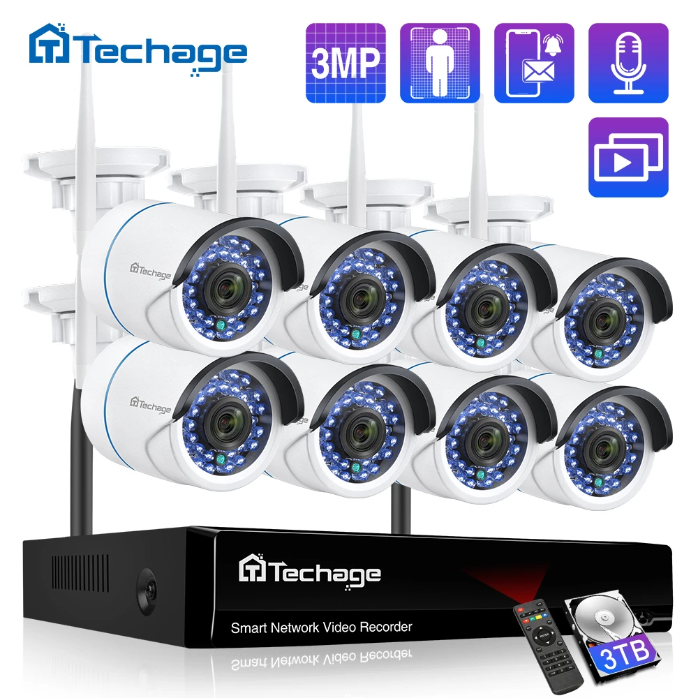 Techage H.265 8CH 3MP Wireless Video Camera System Outdoor Audio Record ...