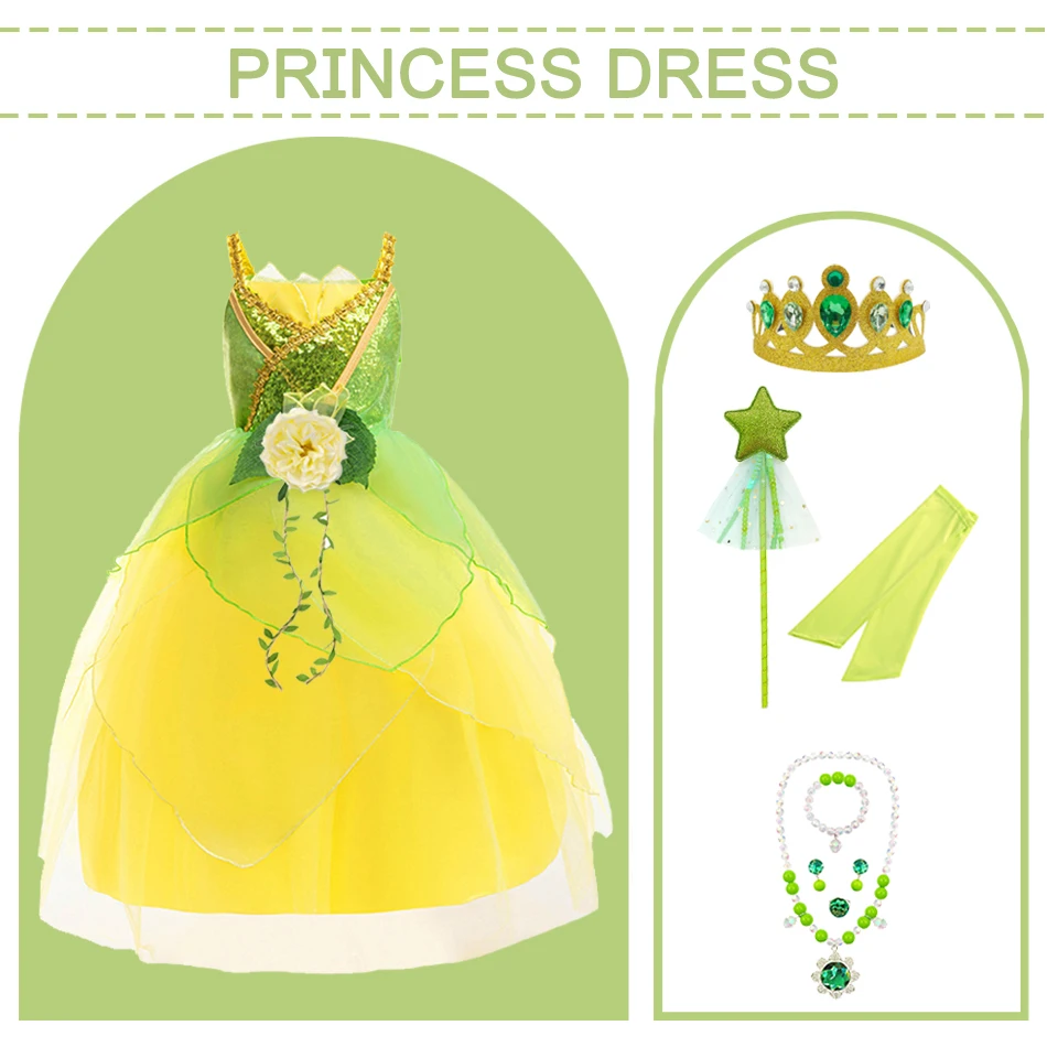 Princess Luxury Party Dress Tiana Cosplay Yellow Puffy Mesh Gown ...