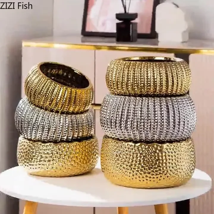 Creative Golden/Silver Plated Ceramic Flower Pots Vase Desk Decoration ...