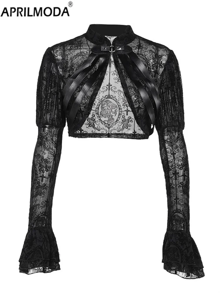 2025 Lace Gothic Black Short Steampunk Crop Jacket Flare Long Sleeve PU ...