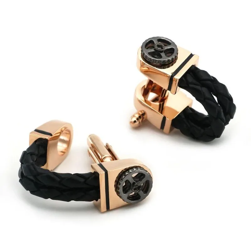 High-end-Luxury-Men-s-Cufflinks-with-Rose-Gold-Plated-Black-Leather ...