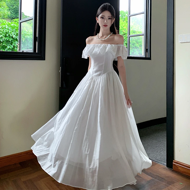 Summer White Beach Robe Long Dress For Women Slash Neck Short Sleeve ...