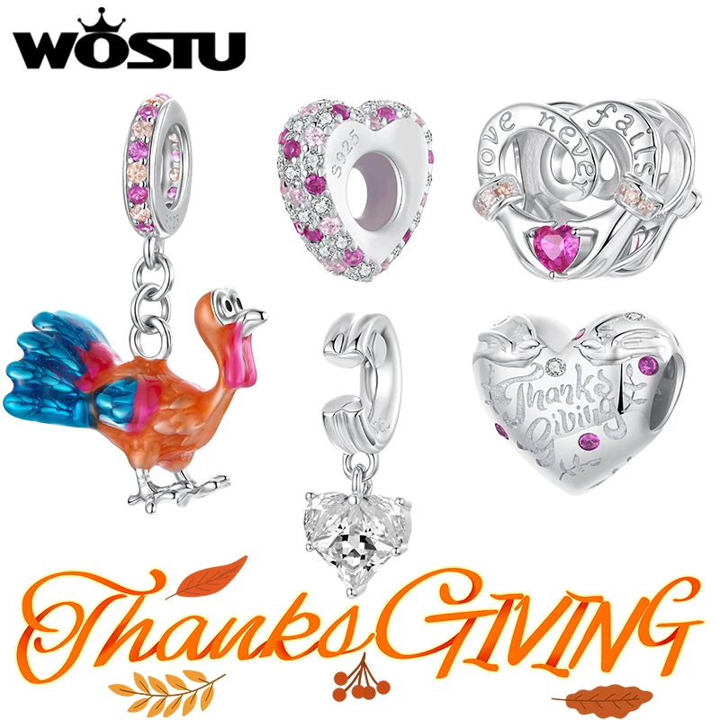 WOSTU 925 Silver Thanksgiving Colorful Turkey Pendant charm Heart ...