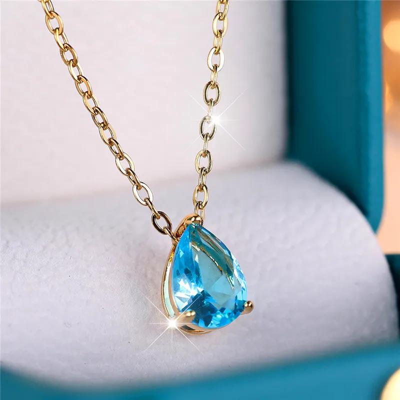 Luxury-Female-Blue-Water-Drop-Stone-Pendant-Necklace-Yellow-Gold-Color ...