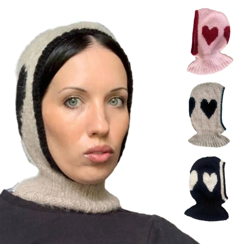 Women Knitted Heart Pattern Balaclava Beanie Cap Handwoven Hooded Hat ...