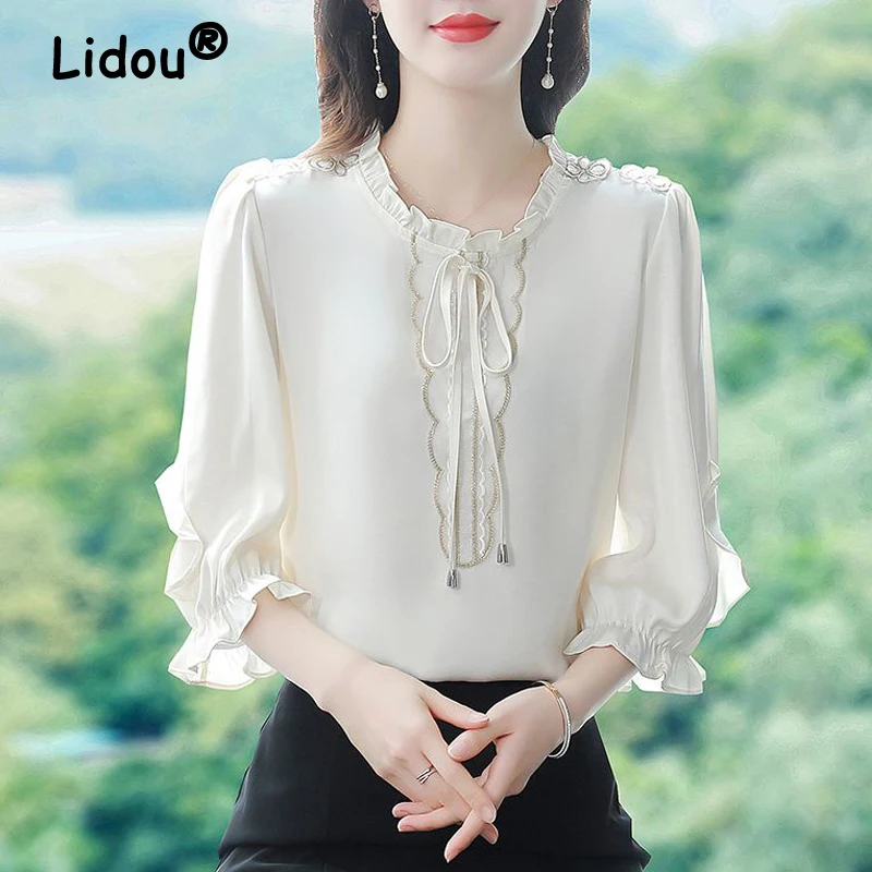 Women-High-Quality-Satin-Vintage-Ruffle-Embroidery-Lace-Up-Blouse ...
