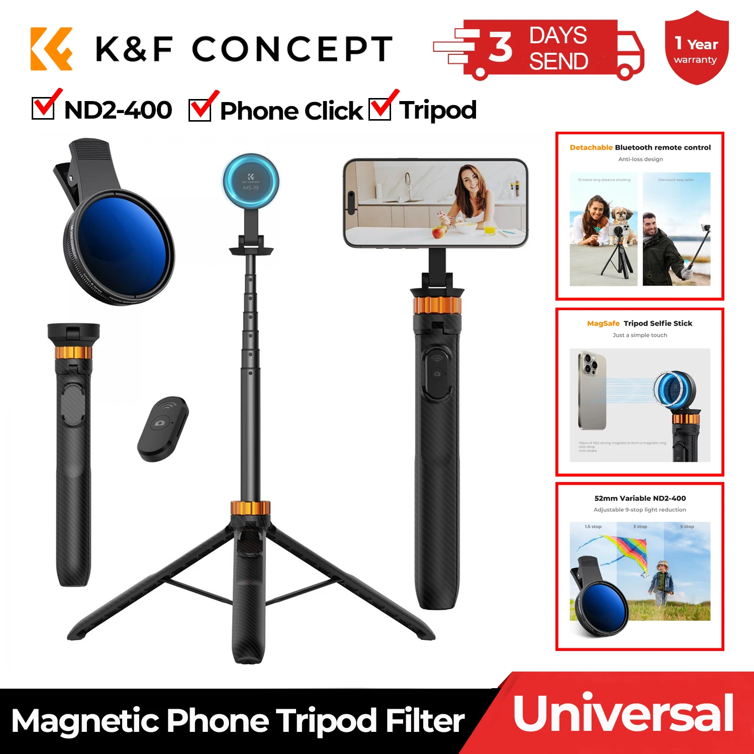 K&F CONCEPT Phone Tripod Filter Set 63'' Magnetic Phone Selfie Stick ...