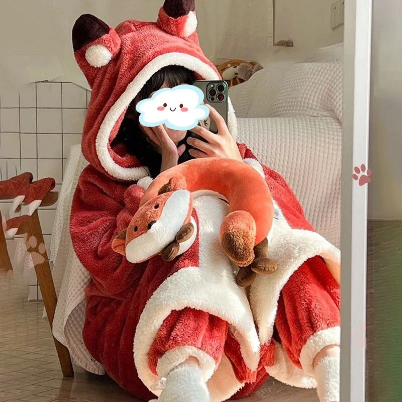 Cartoon-Animal-Fox-Pajamas-Women-s-Winter-Coral-Fleece-Thickened-One ...