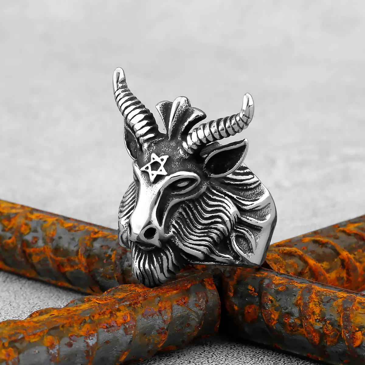 Vintage Satan Sign Pentagram Goat Head Ring Punk Gothic Style High ...
