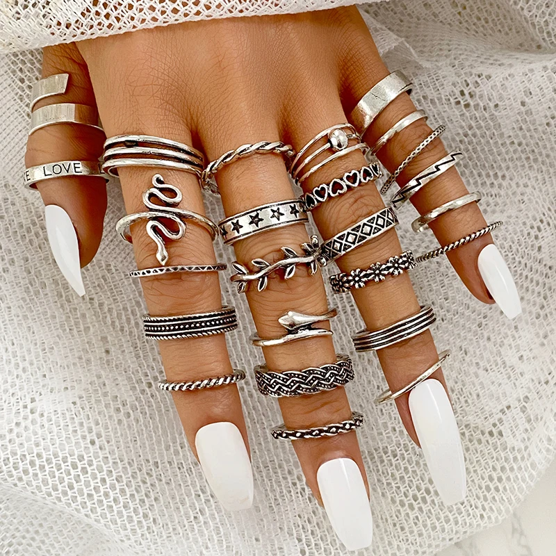 Ring Set Fingers Silver | Silver Ring Set Women | 6 Pcs Ring Set Silver ...