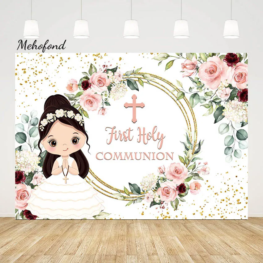 Mehofond-First-Holy-Communion-Backdrop-Pink-Flower-Girl-Princess ...