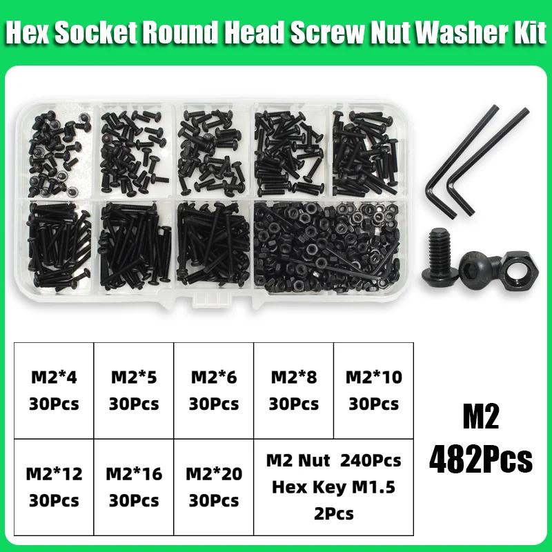 M2-Black-Hexagon-Hex-Socket-Button-Head-Screw-and-Nut-Set-Carbon-Steel ...