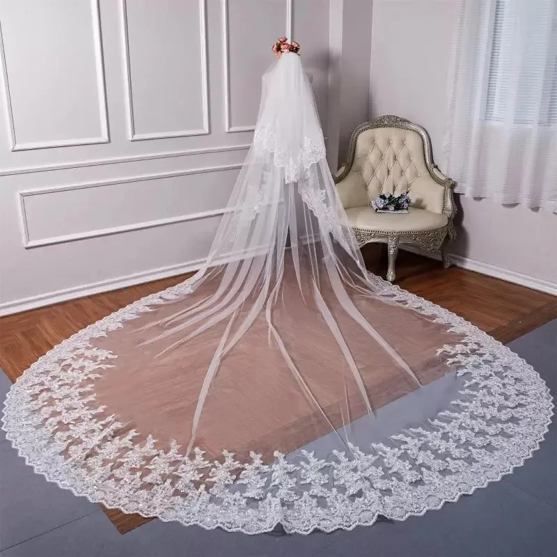 White-Ivory-Luxury-5m-4m-3m-Long-Wedding-Bridal-Veils-Lace-Appiques ...