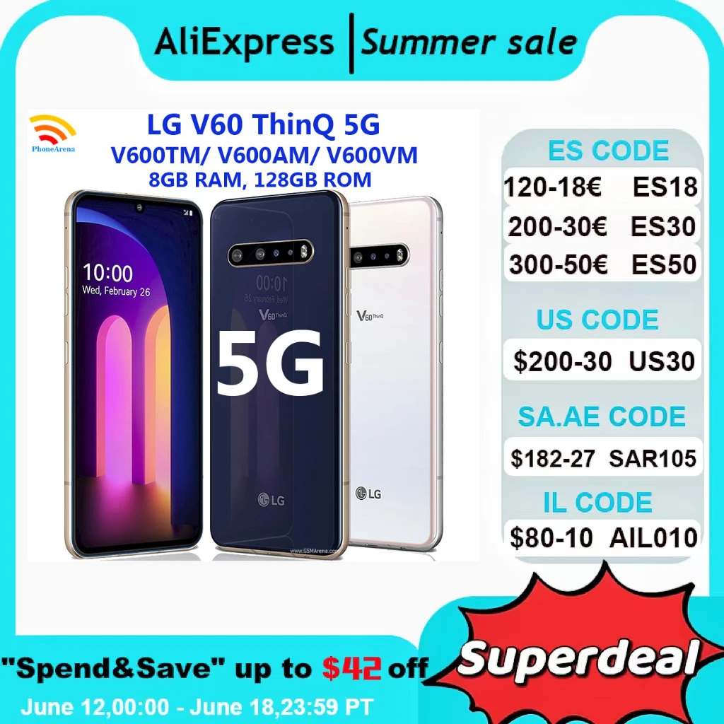LG smartphone V60 ThinQ 5G, V600TM, V600AM, V600VM, 6,8 ", RAM, 8GB ROM, 128GB, NFC, Snapdragon ...