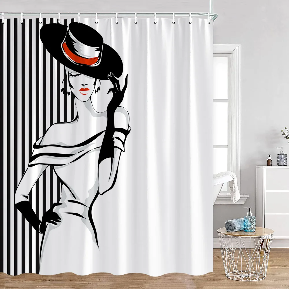 Fashion-Women-Shower-Curtain-Black-White-Stripe-Modern-Girls-Ladies ...