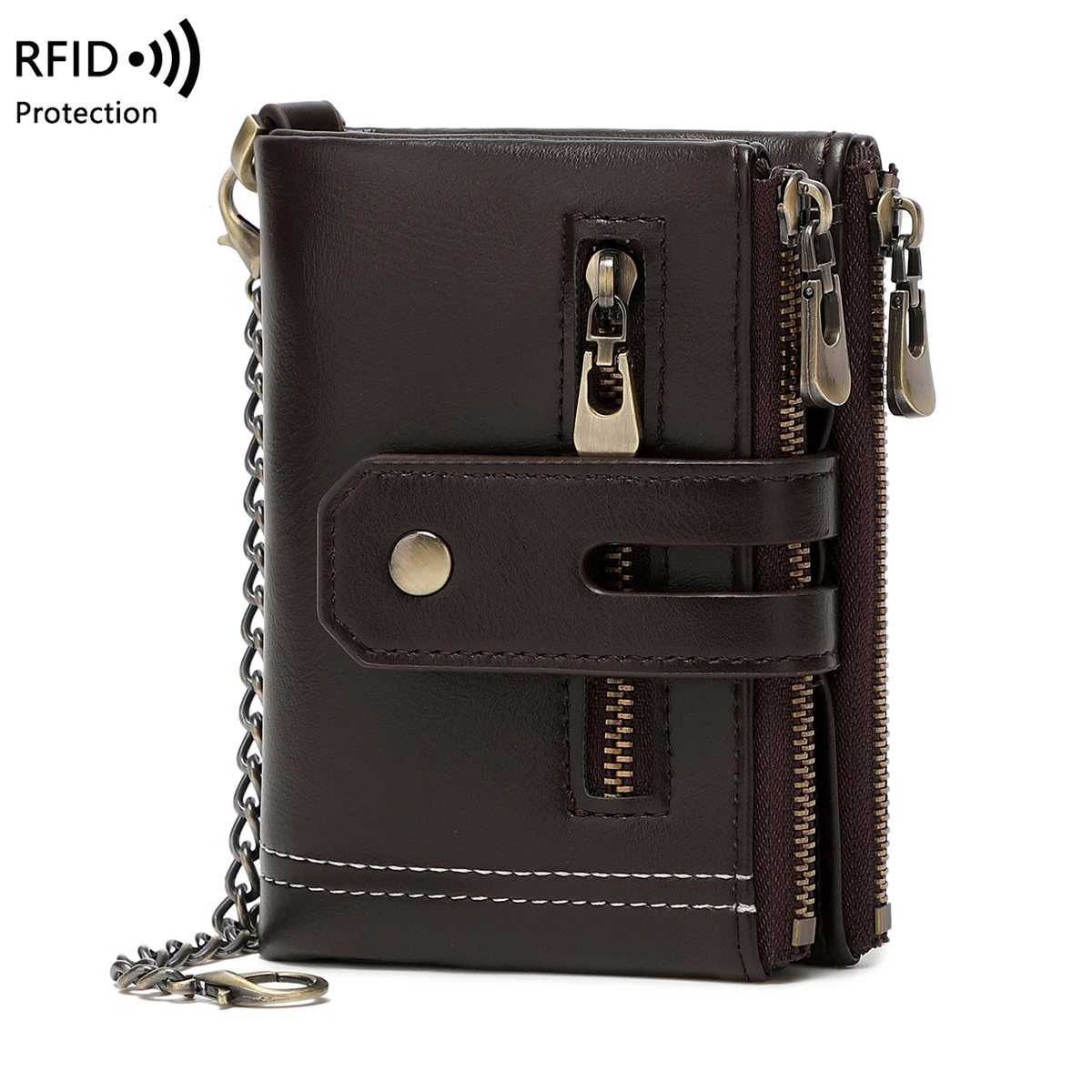 Double Zipper Wallet for Men, Multi-Card, Three-Fold Wallet with Chain ...
