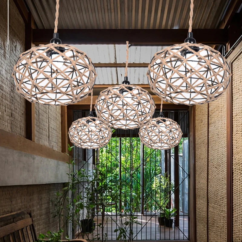 Boho-Rattan-Lampshade-Linen-Rope-Hanging-Lamps-Light-Cover-Fixture ...