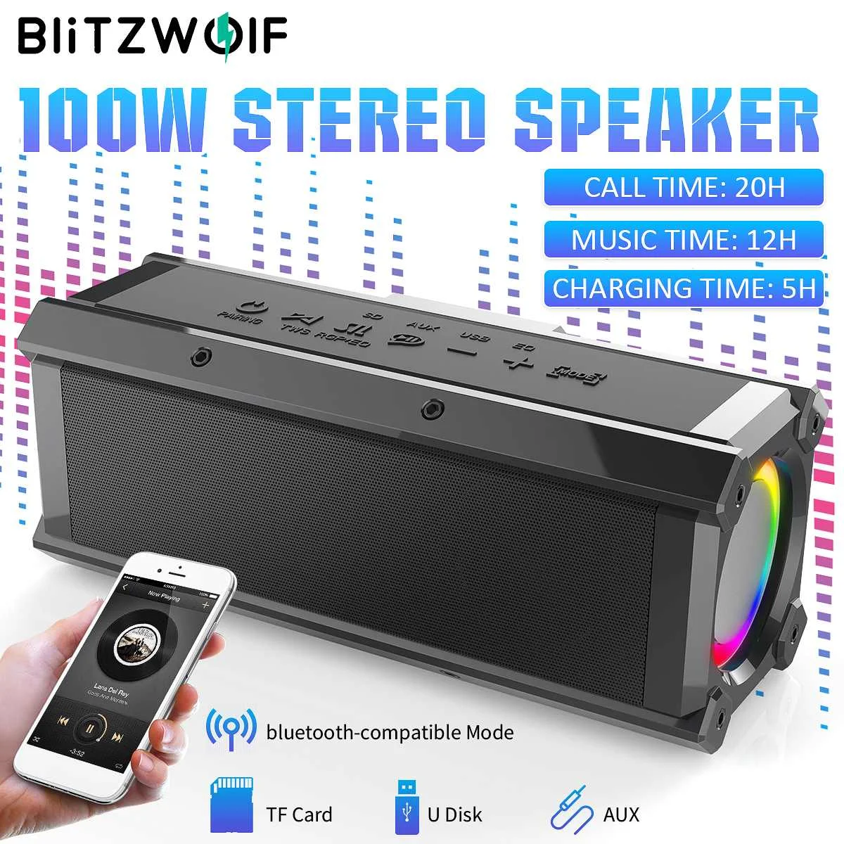 BlitzWolf-BW-WA3-100W-bluetooth-Speaker-Quad-Drivers-Dual-Diaphragm-Deep-Bass-RGB-Light-TWS ...