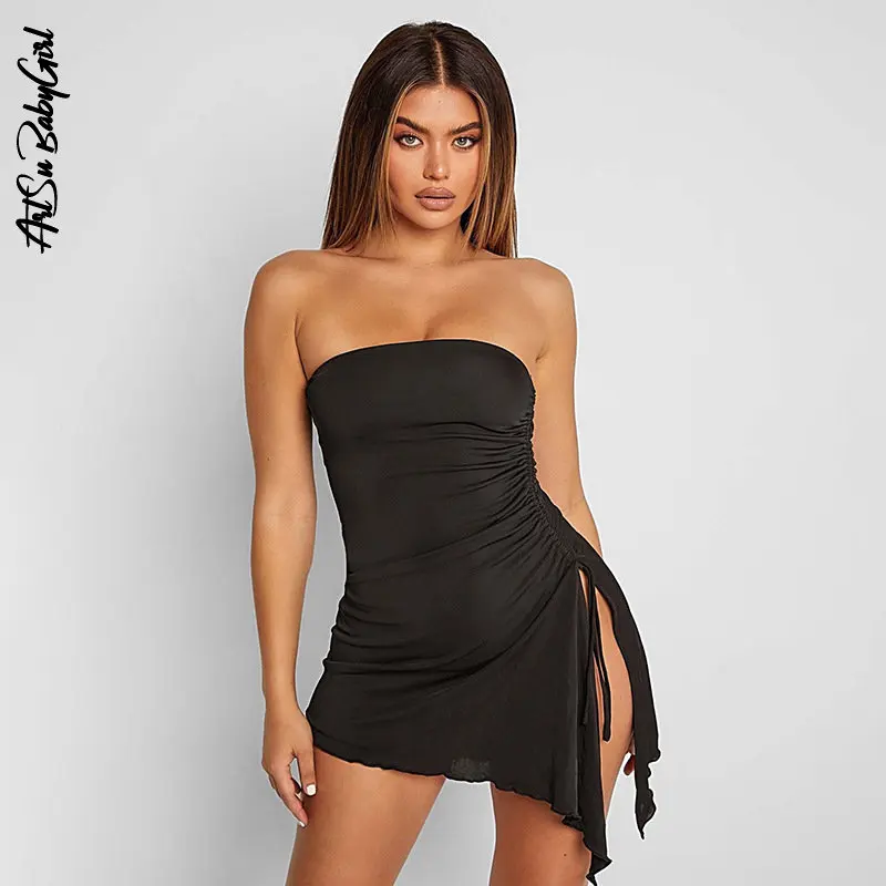 Black Dress Women Side Slit Bodycon Dress Irregular Mini Dress Y2k