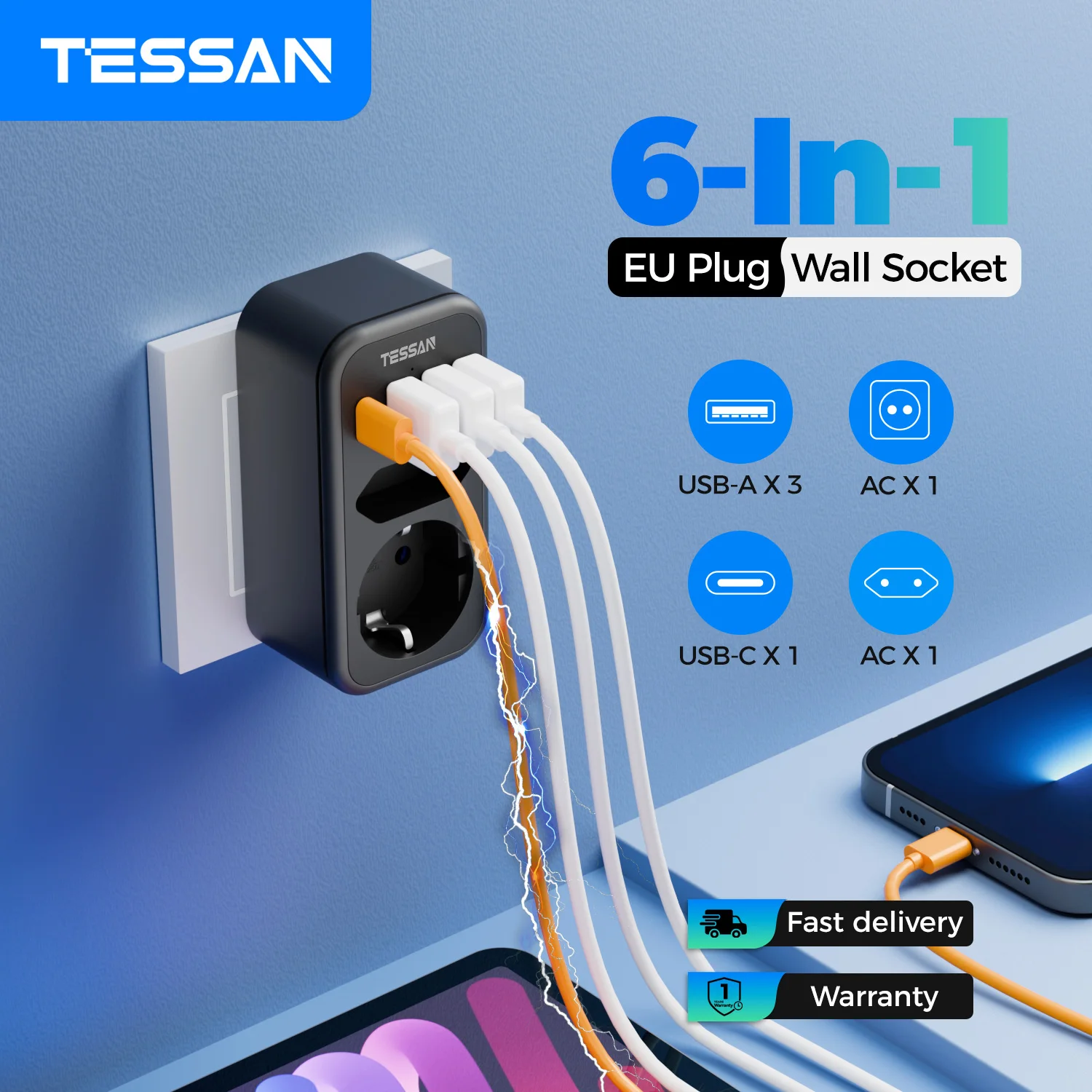 TESSAN – extension de prise murale à Double prise, avec 3 Ports USB, 1 ...