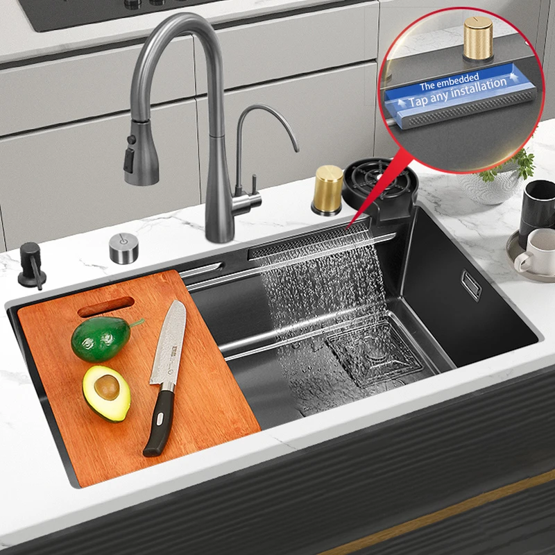 Black Nano Kitchen Sink 304 Stainless Steel Waterfall Sink Basin Large ...