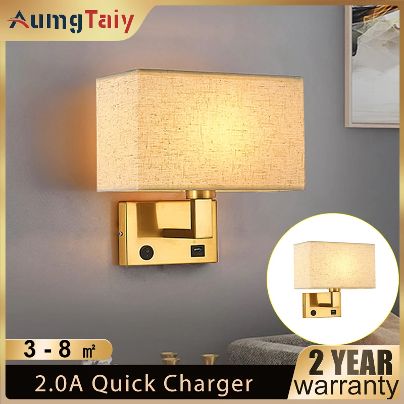 Bedroom Gold Wall Lamps with Switch 2.0A Quick Charger Modern Wall ...