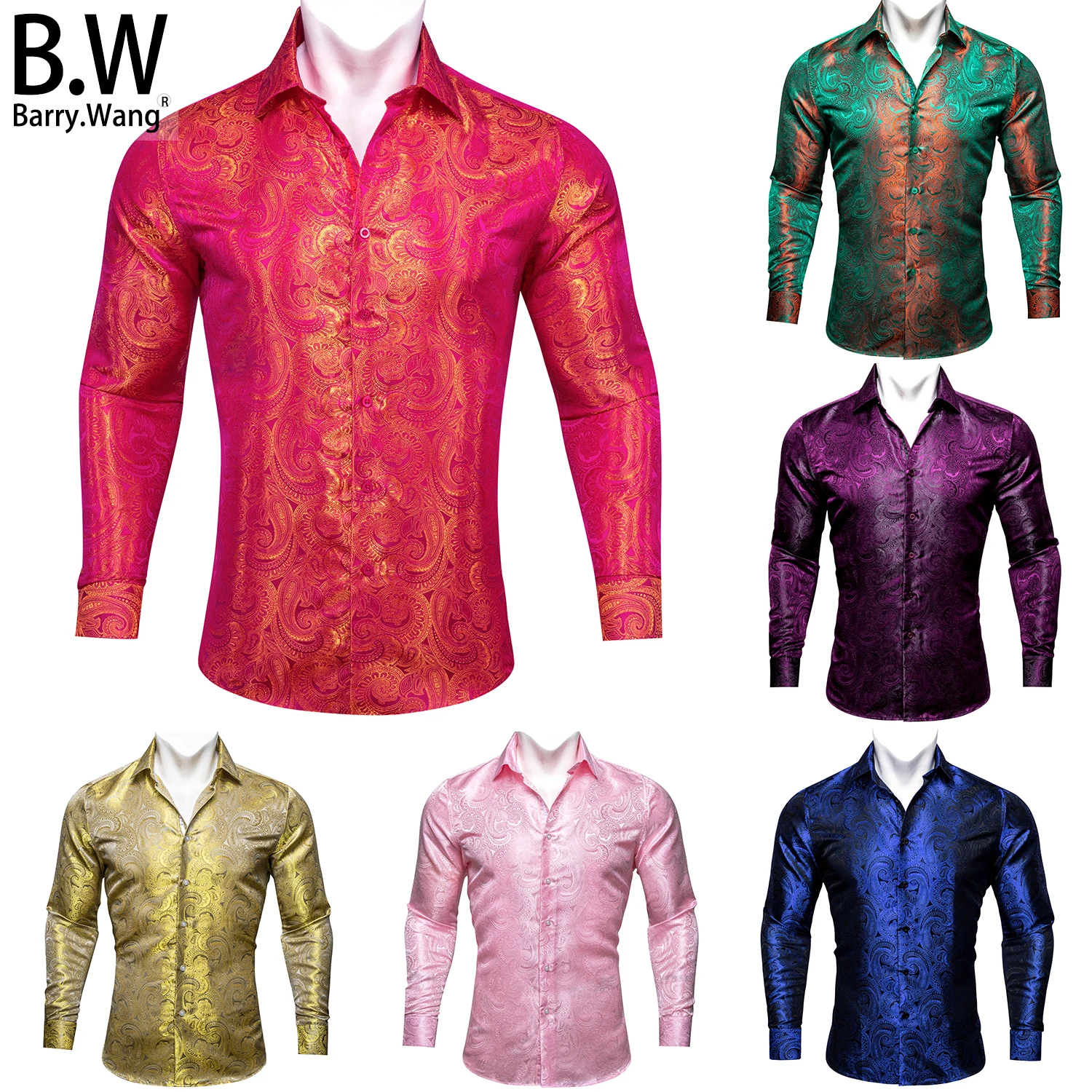 Barry-Wang-Luxury-Silk-Mens-Shirts-Jacquard-Paisley-Long-Sleeve-Formal ...