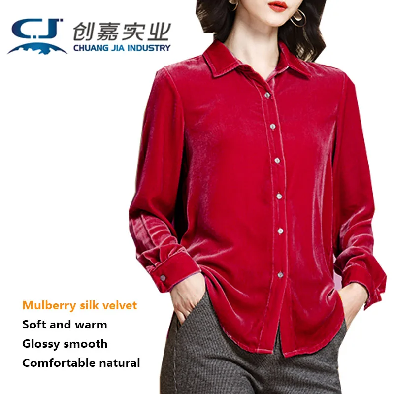 Real-Silk-Velvet-Spring-Autumn-Women-s-Long-sleeved-Shirt-Simple-Black ...