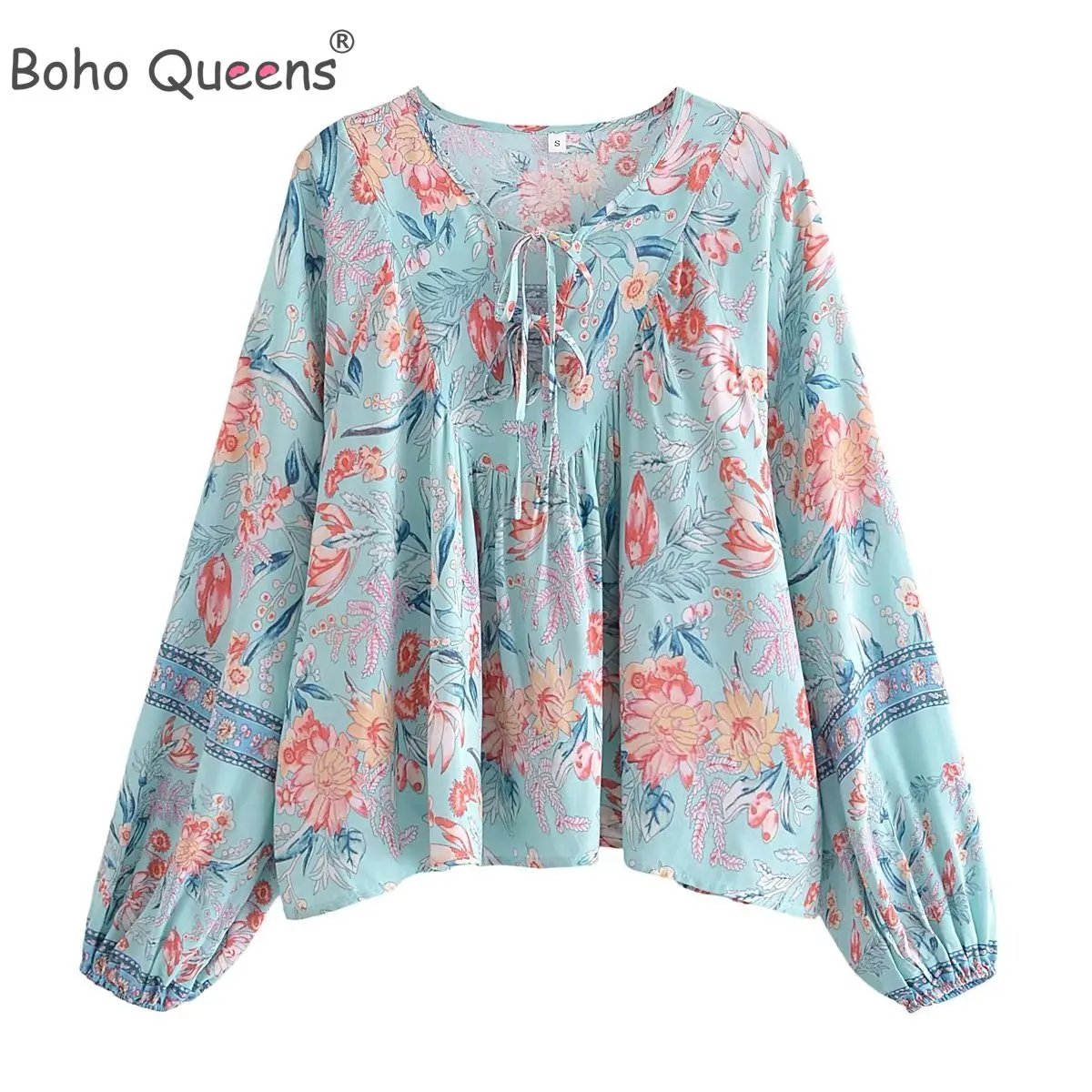 Boho-Queens-Women-Vintage-Floral-Print-Tassel-Loose-Blouses-Lady-Tie-Neck-Long-Sleeve-Beach ...