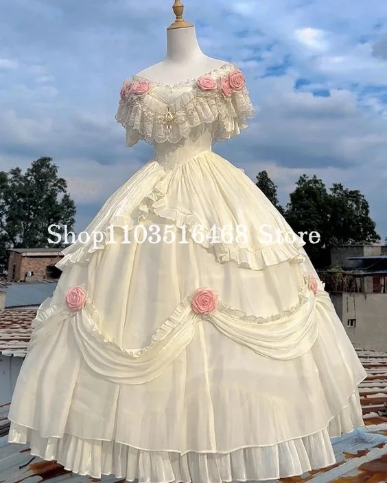 Vestido-de-graduaci-n-blanco-victoriano-esponjoso-bordado-Floral-de ...
