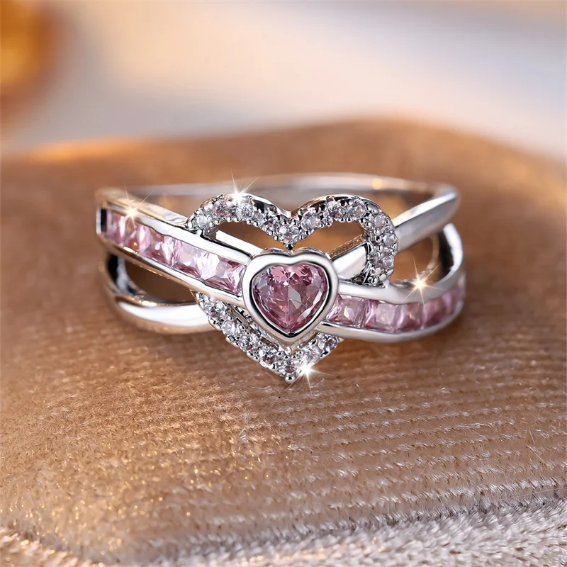 Bridal-Love-Heart-Wedding-Bands-Silver-Color-Pink-White-Zircon-Promise ...
