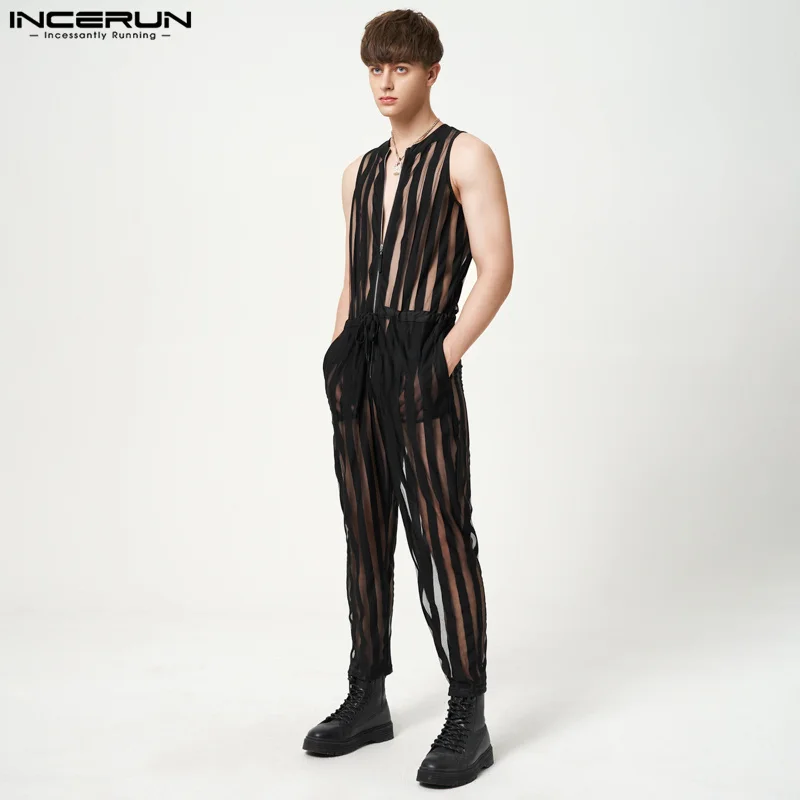 Incerun Comfortable Homewear Jumpsuit Men's Sexy Transparent Striped ...
