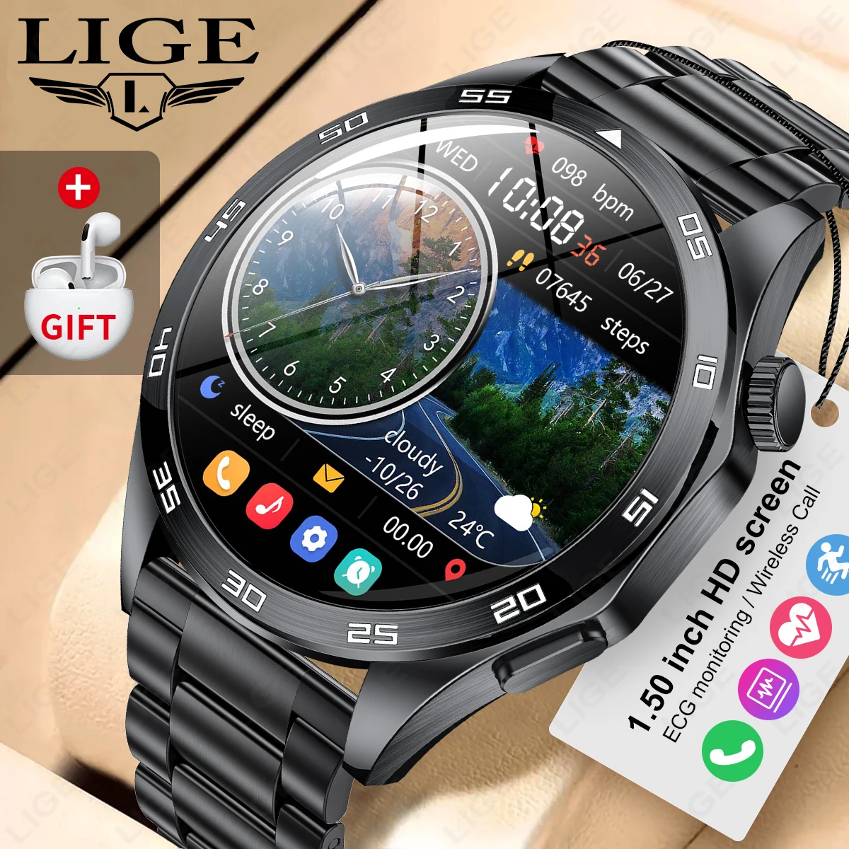 LIGE Sport Smart Watch Men Bluetooth Call ECG Health Monitor 1.50 Inch ...