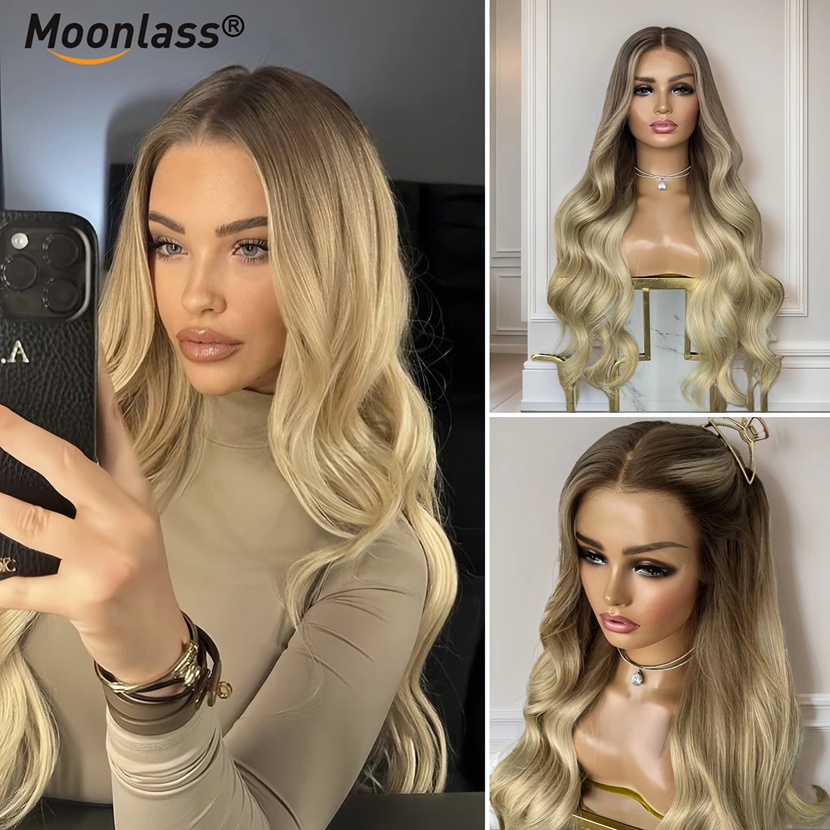 Moonlass Ashen Moonlight Balayage Color Beachy Wave 100% Peluca de ...