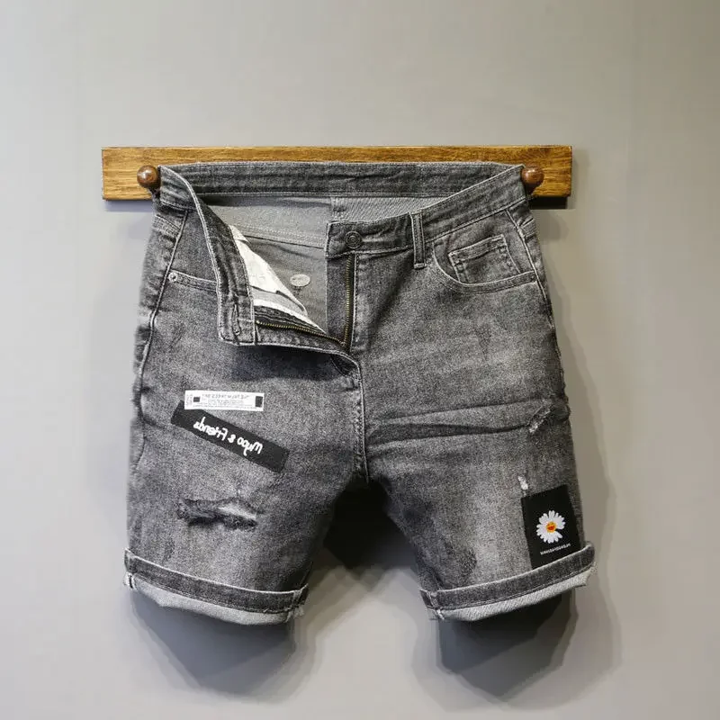 Short-Jeans-Pants-for-Men-with-Text-Man-Denim-Shorts-Ripped-Gray-Korean ...