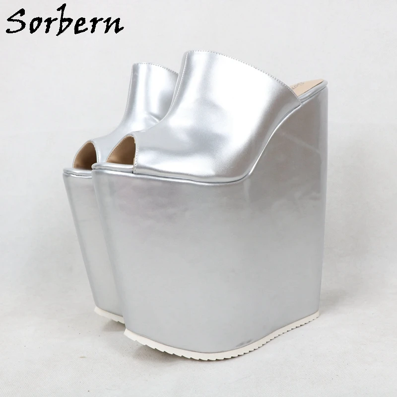 Sorbern-Silver-Unisex-Style-Drag-Queen-Women-Slippers-Wedges-25Cm-High ...