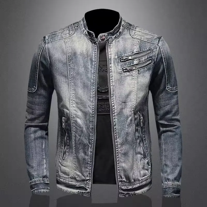 Motorcycle Denim Jacket European Style Men's Denim Jacket Stand Collar ...