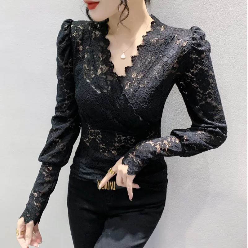 Camiseta-de-encaje-para-mujer-camisa-corta-ajustada-con-cuello-en-V ...