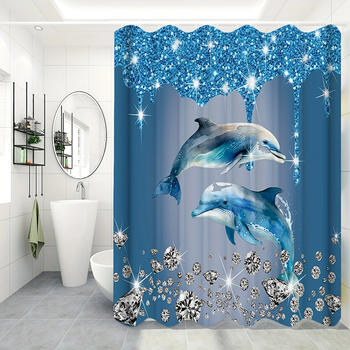 1pc Shower Curtain - Sparkling Dolphins with Shimmering Diamonds in a ...