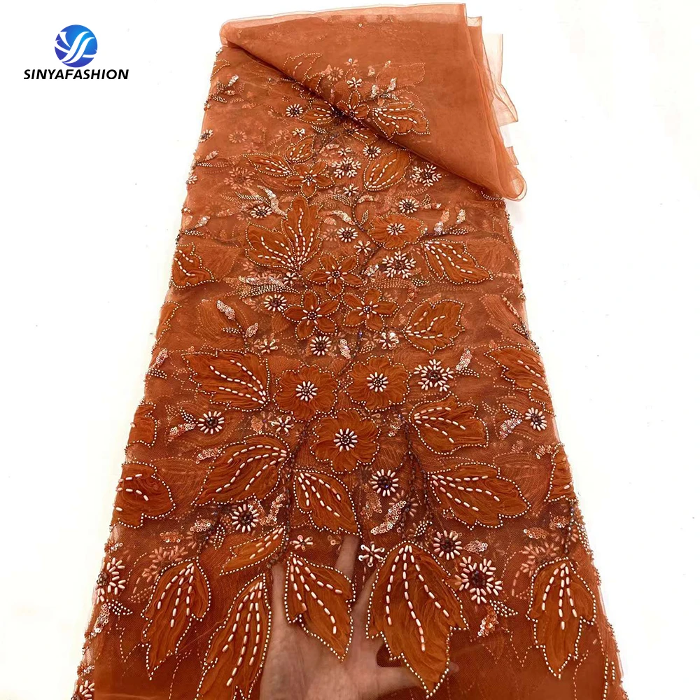 Sinya-Latest-Orange-Flower-Mesh-Embroidery-Sequins-Tulle-African-Lace ...