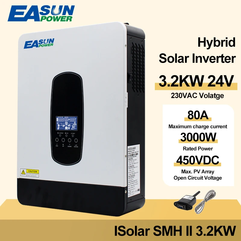 EASUN POWER 3.2K 230Vac Hybird Solar Inverter Pure Sine Wave Solar Charger Built In MPPT 80A 24V ...